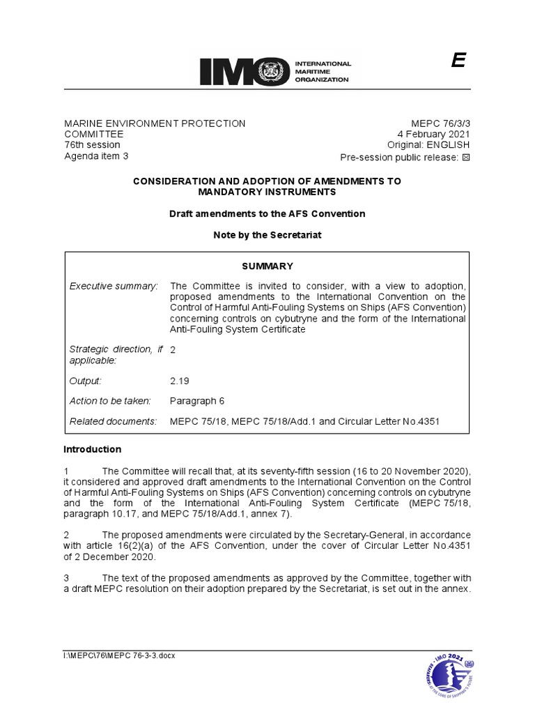 MEPC 76-3-3 - Draft Amendments To The AFS Convention (Secretariat) | PDF