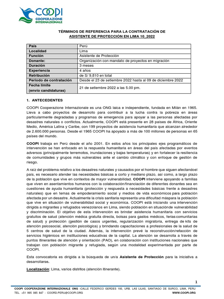 TDR Asistente de Proteccien Lima Coopi 10 - 2022 | PDF