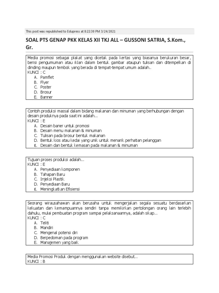 Soal Pts Genap PKK Kelas Xii TKJ All 2021 | PDF
