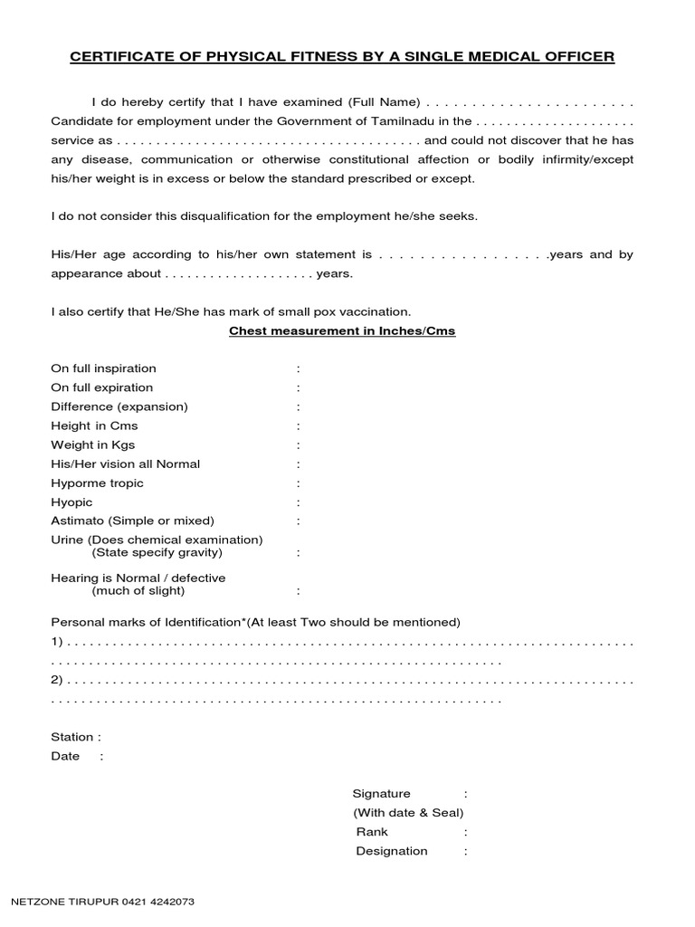 CERTIFICATE OF PHYSICAL FITNESS BY A SINGLE MEDICAL OFFICER | PDF ...