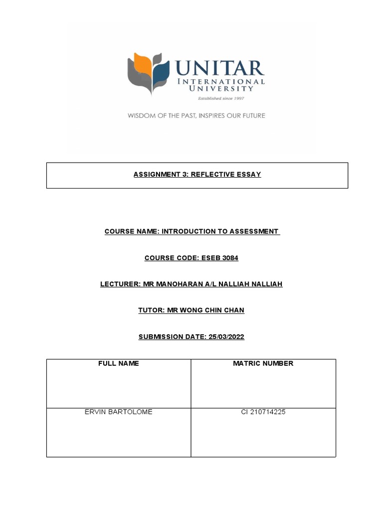 Assignment 3 - Reflective Essay | PDF | Educational Assessment | Teachers