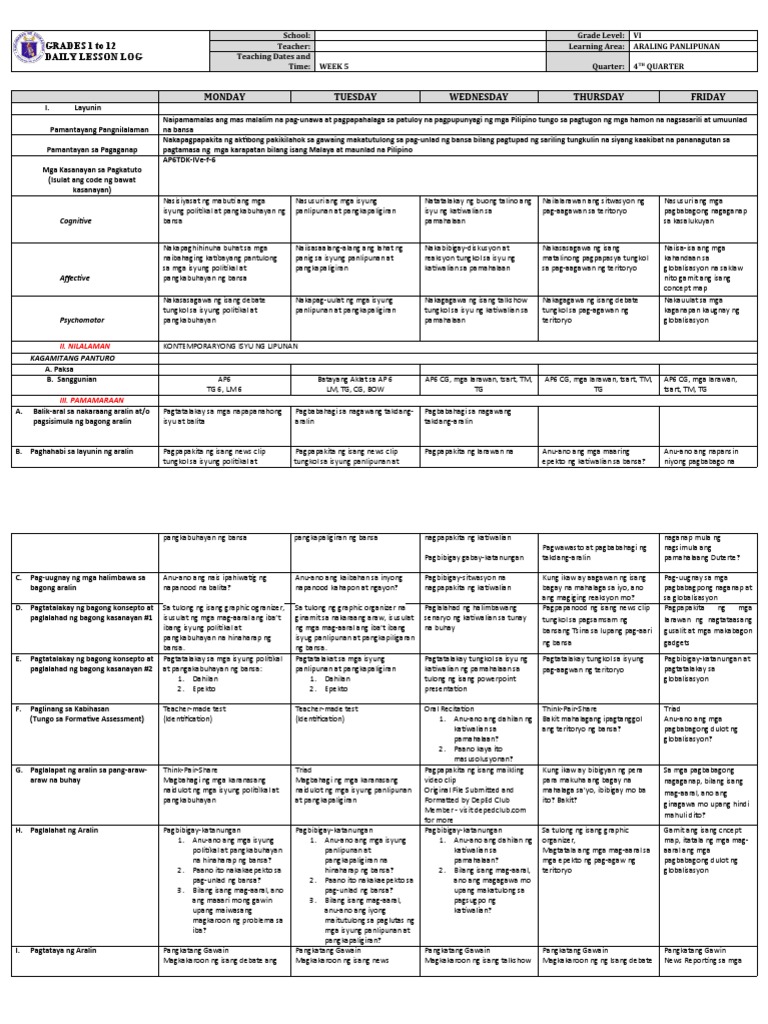 Grade 6 DLL Araling Panlipunan Q4 Week 5 | PDF