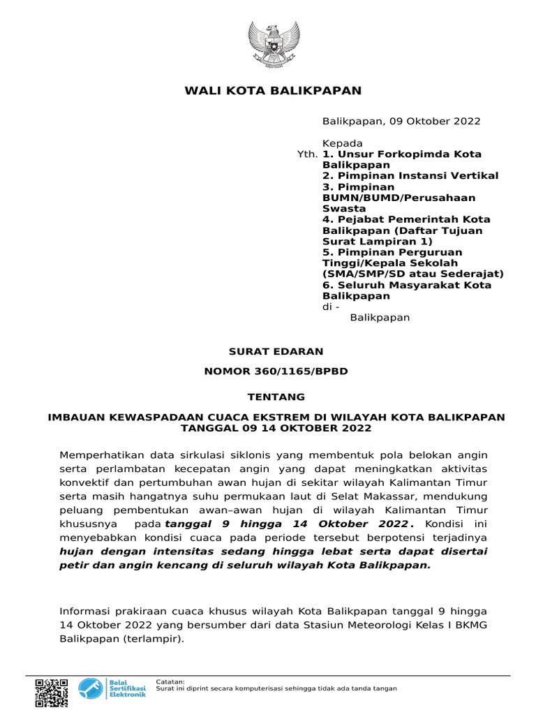 Surat Edaran Imbauan Kewaspadaan Cuaca Ekstrim Di Kota Balikpapan | PDF
