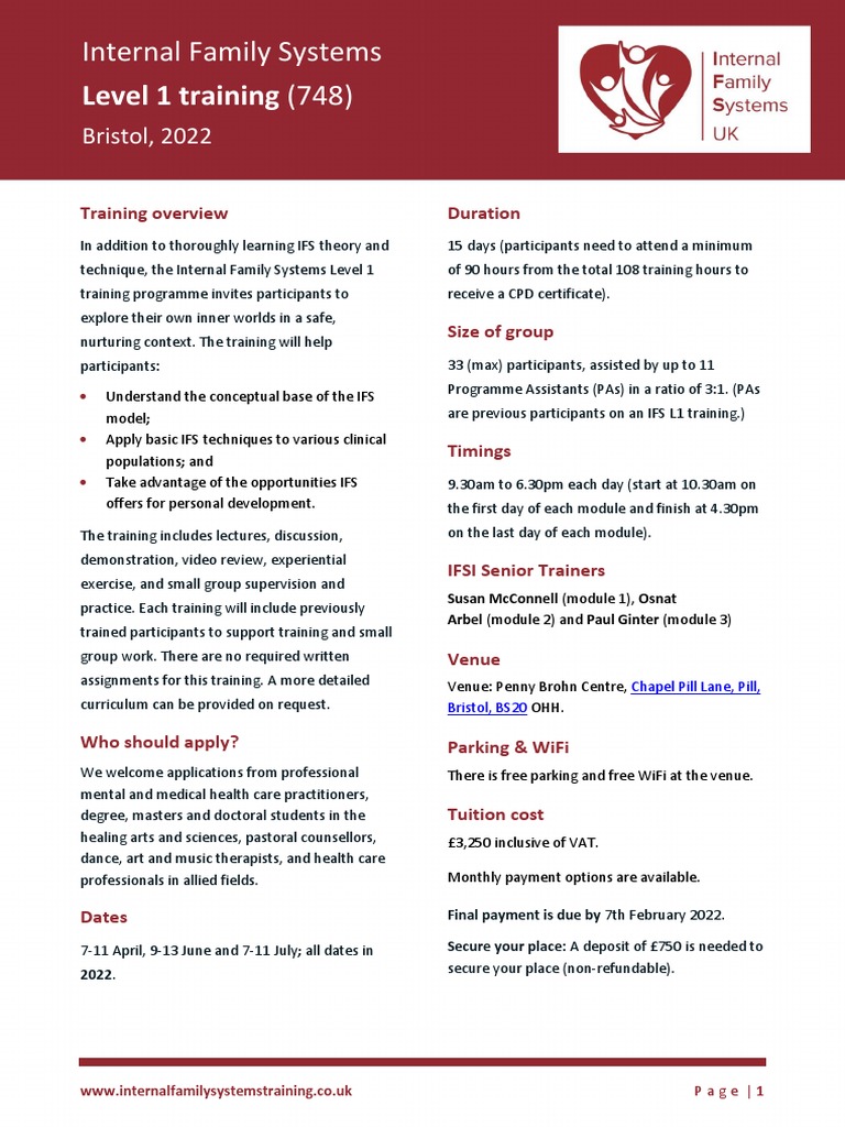 IFS Level 1 Training, Bristol 2022, In-Person, V5 | PDF