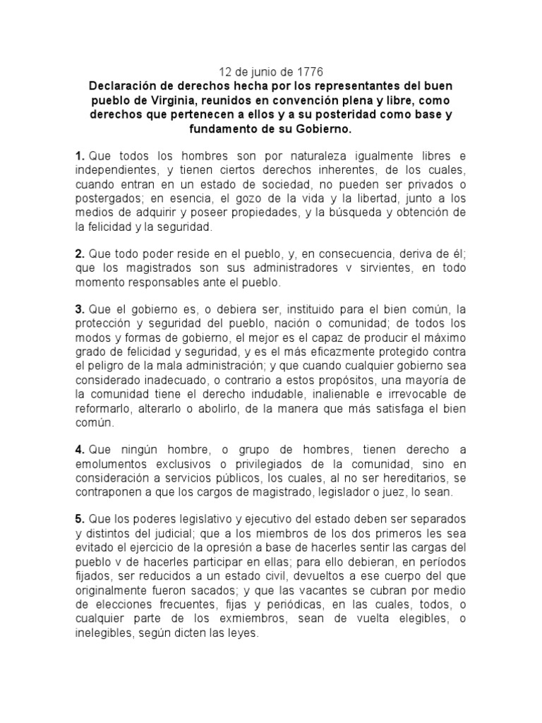 12 de Junio de 1776 Declaración de Los Derechos Del Buen Pueblo de ...