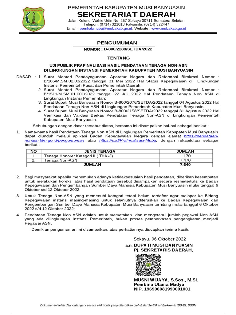 Pengumuman Uji Publik Pra Finalisasi Hasil Pendataan Tenaga Non ASN Kab. Musi Banyuasin | PDF