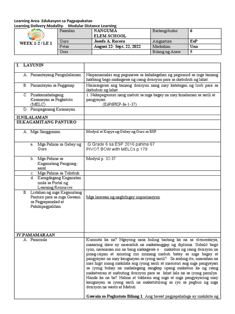 Esp6-Q1-Melc 1. Week 1-2 1 | PDF