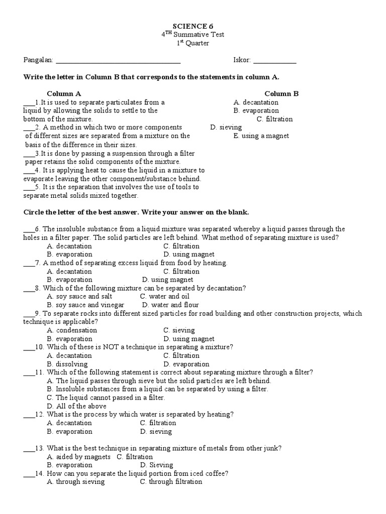 Science 6 - Q1 - ST4 | PDF | Filtration | Mixture