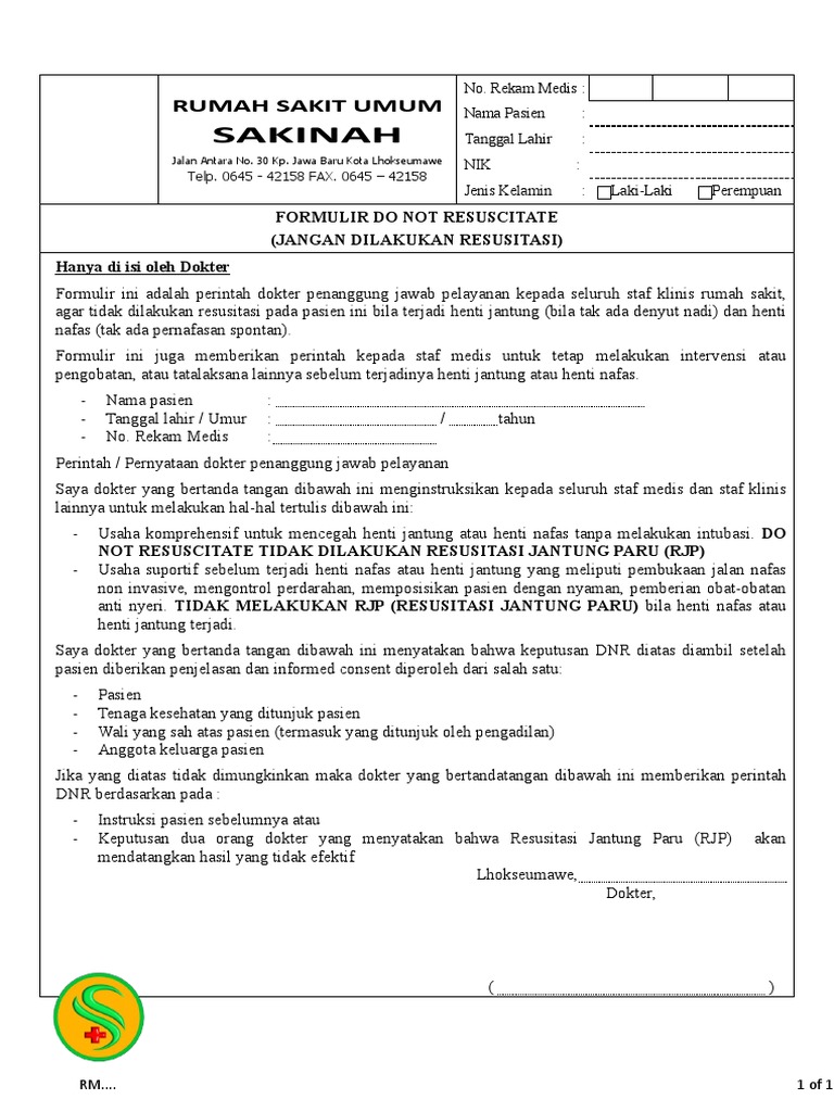Formulir Don't RESUSCITATE DR | PDF