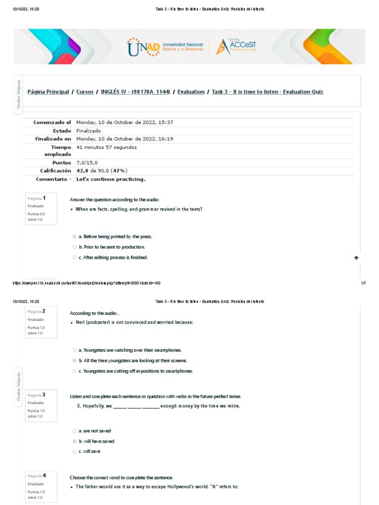 Task 3 - It Is Time To Listen - Evaluation Quiz - Revisión Del Intento | PDF | Language ...
