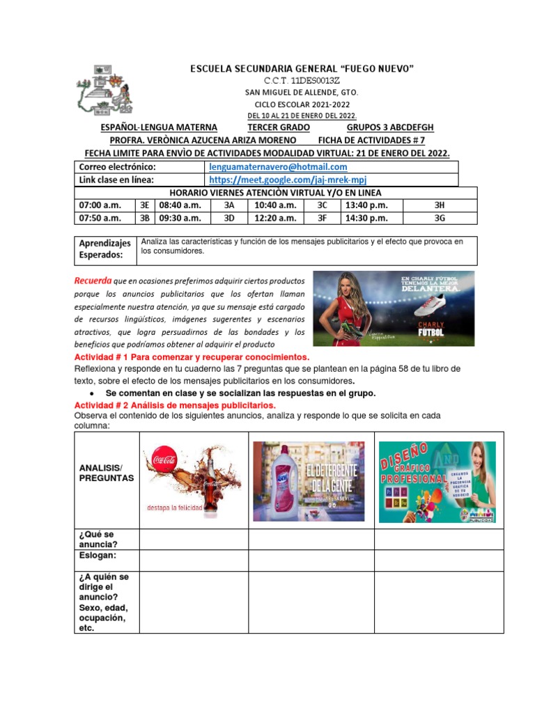 Escuela Secundaria General "Fuego Nuevo": 3E 08:40 A.M. 3A 3C 3H 3B 09: ...