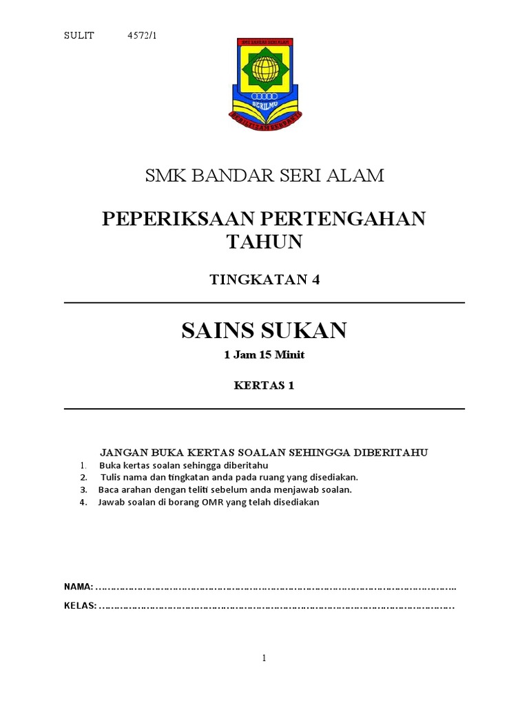 Soalan Pertengahan Tahun Sains Sukan K 1 T5 (PPT) 2021 | PDF