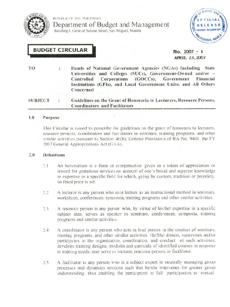 BC-2007-1 - Guidelines On The Grant of Honoraria To Lecturers, RP ...