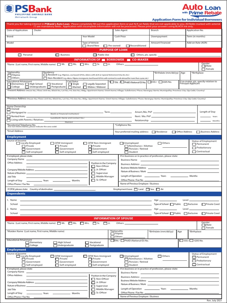 Auto Loan Application Form - Individual | PDF | Loans | Banks