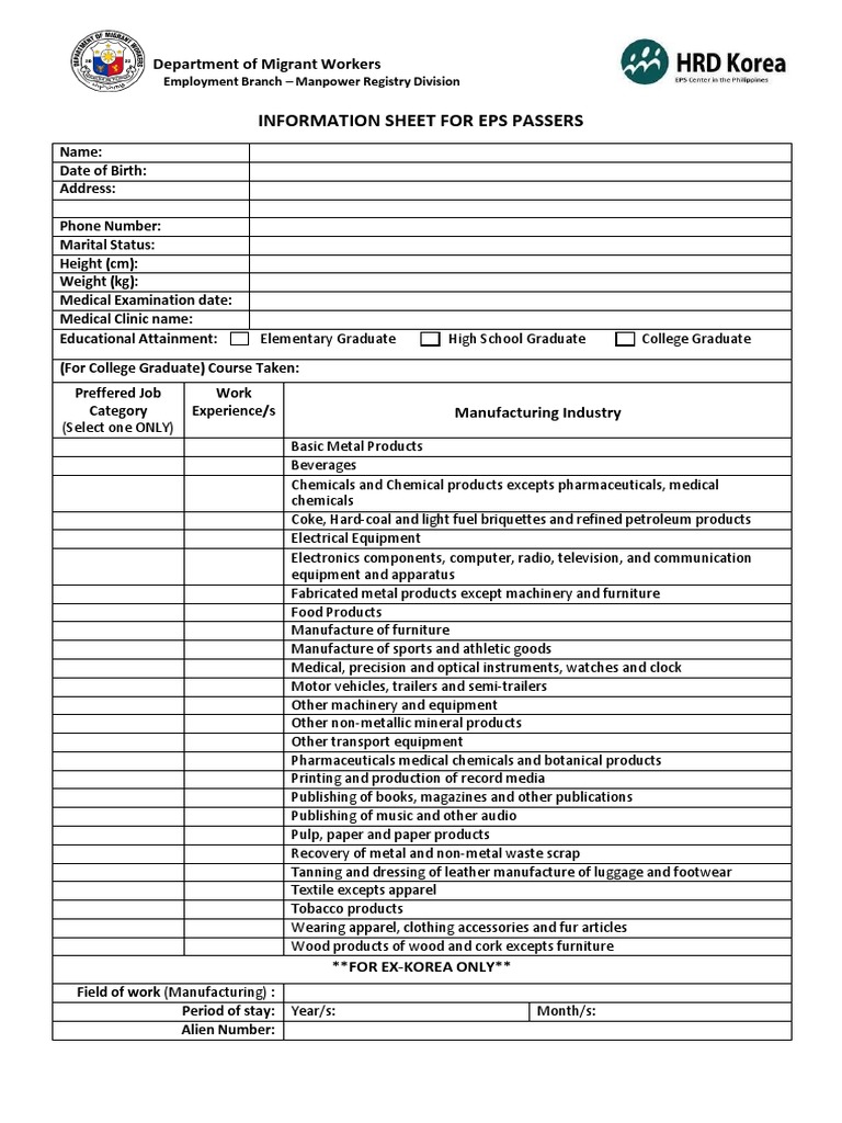 Eps Passers Information Sheet 2022 | PDF | Clothing | Passport