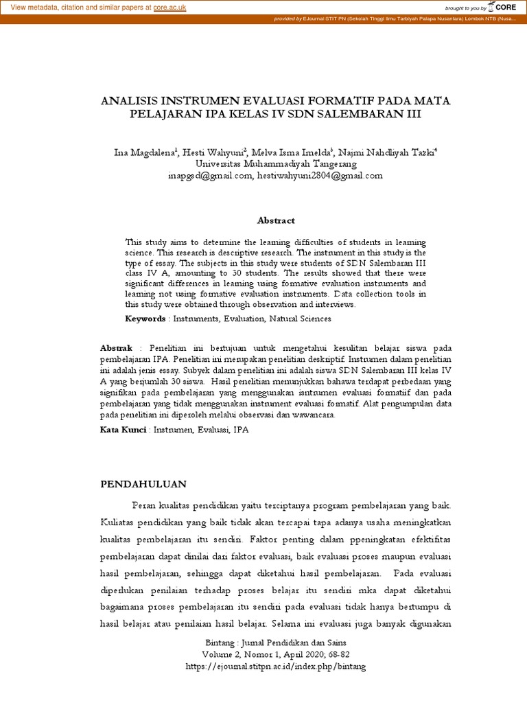 Analisis Instrumen Evaluasi Formatif Pada Mata Pelajaran Ipa Kelas Iv SDN Salembaran Iii | PDF ...