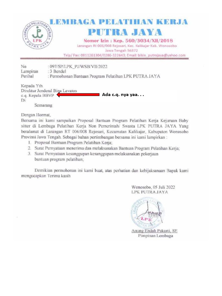 Contoh - Surat Permohonan Bantuan Program Pelatihan BLKK Ta. 2022 | PDF