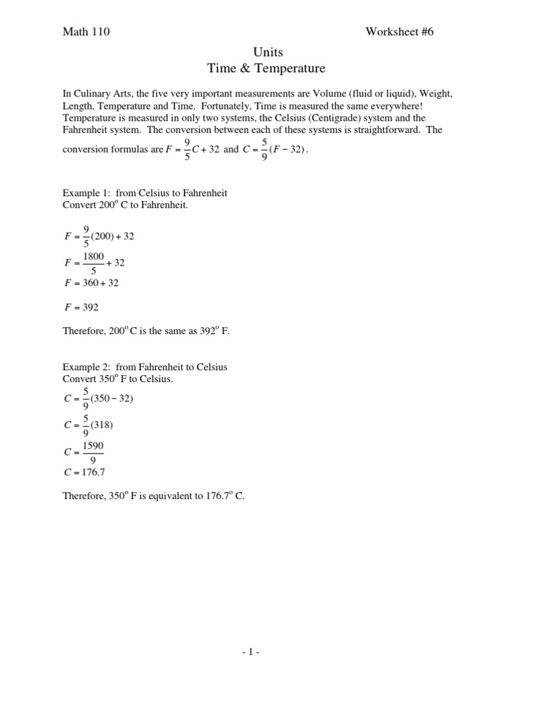Culinary Worksheet 6 | PDF | Fahrenheit | Ounce