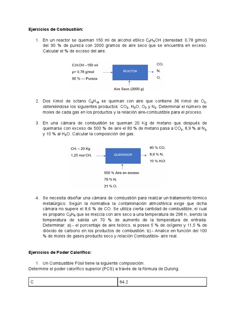 Taller de Ejercicios | PDF | Combustión | Combustibles