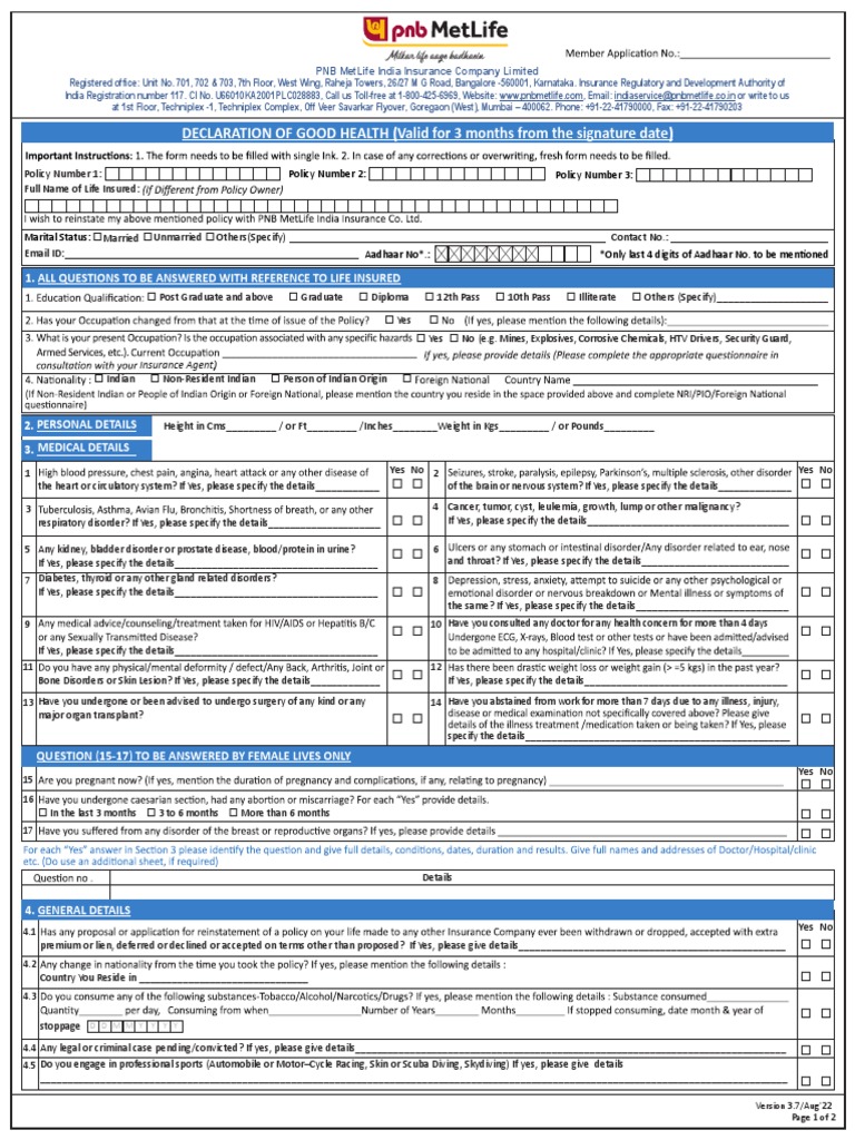 Declaration of Good Health Form Ver 3.7 | PDF | Medical Specialties | Clinical Medicine