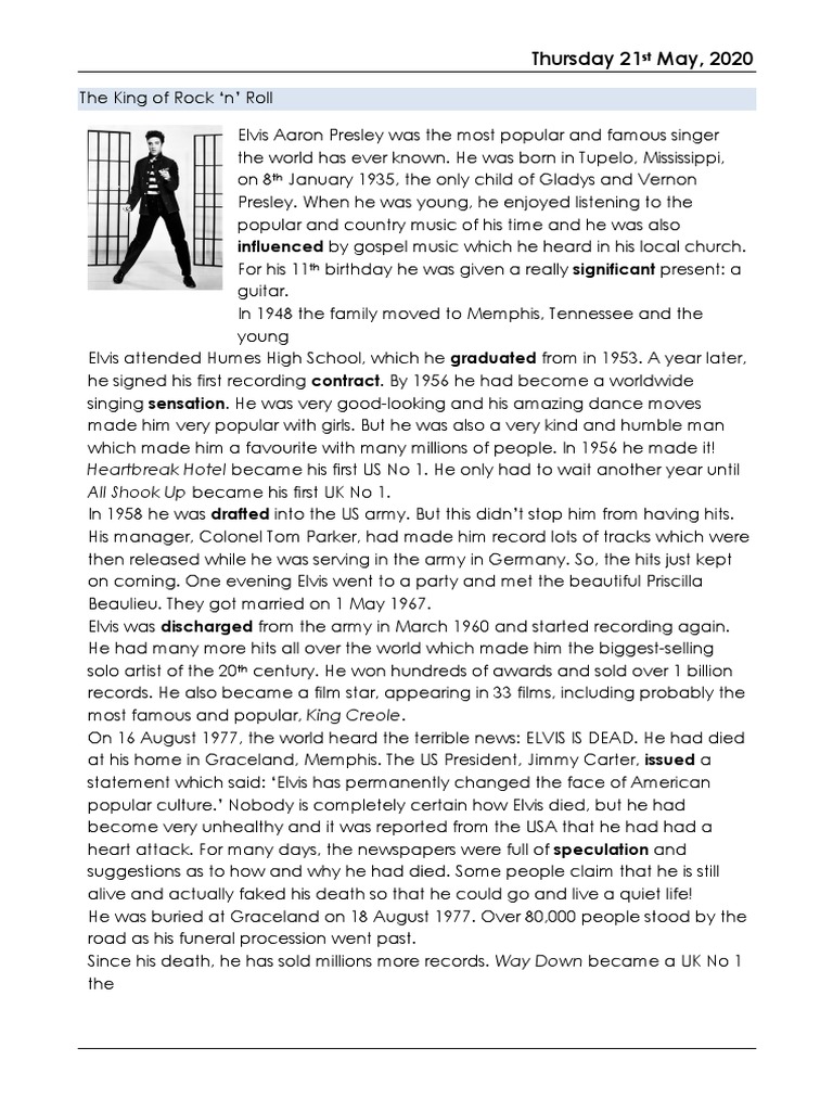 P5 Reading Exercise 29 | PDF | Elvis Presley
