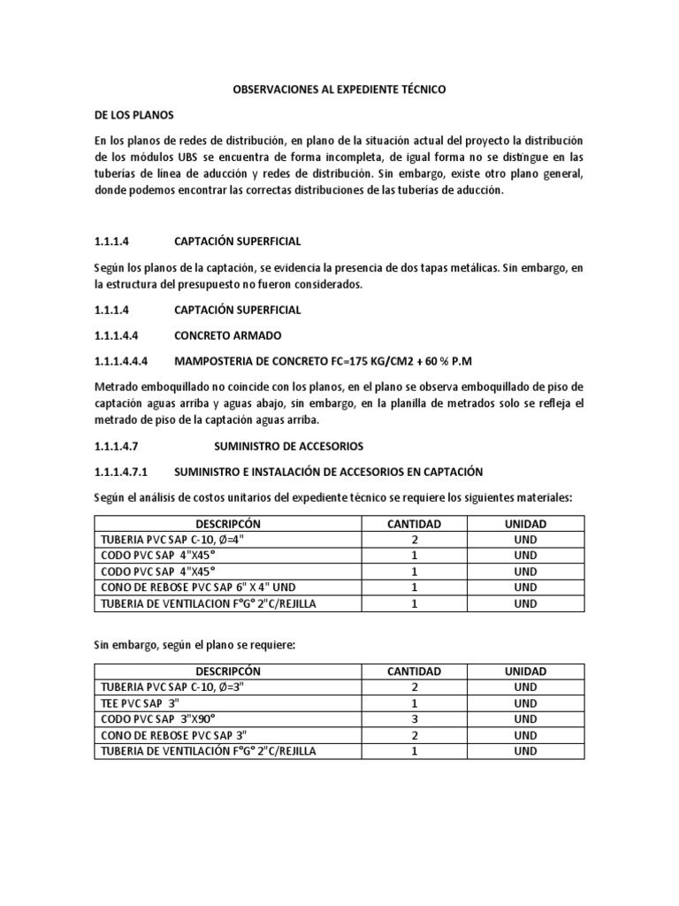 Observaciones Al Expediente Técnico | PDF | Tubería (transporte de fluidos) | Ingeniero civil