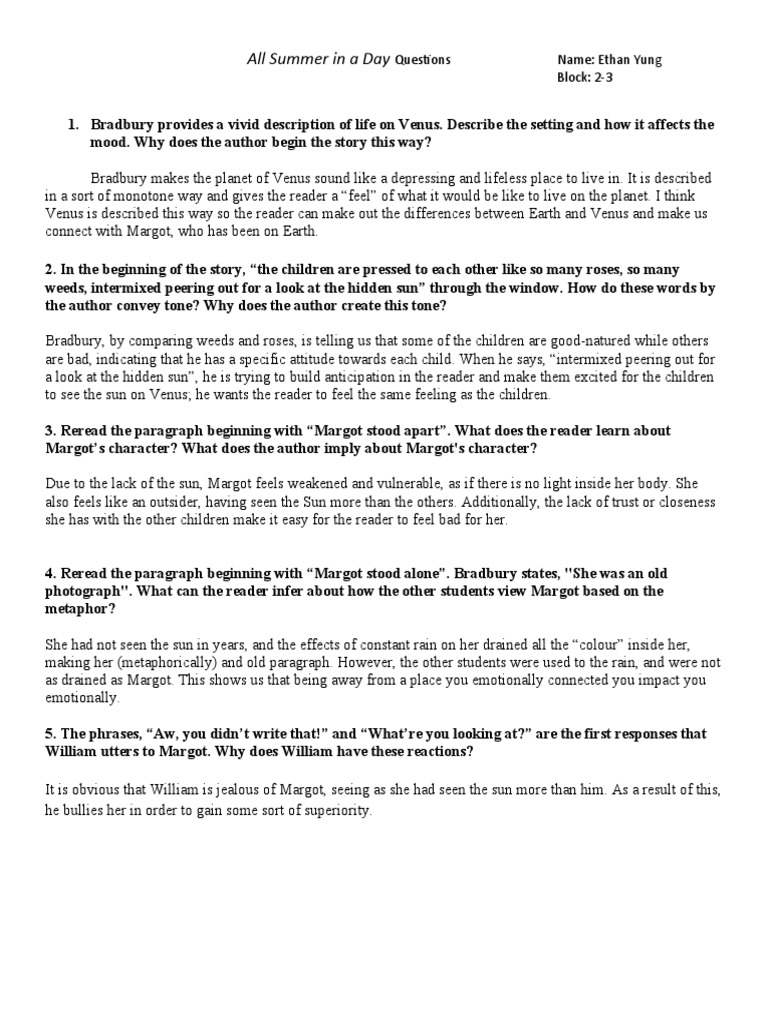 All Summer in A Day Critical Thinking Questions - Ethan | PDF | Venus ...