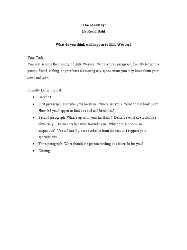 The Landlady - Billy Weaver Letter | PDF