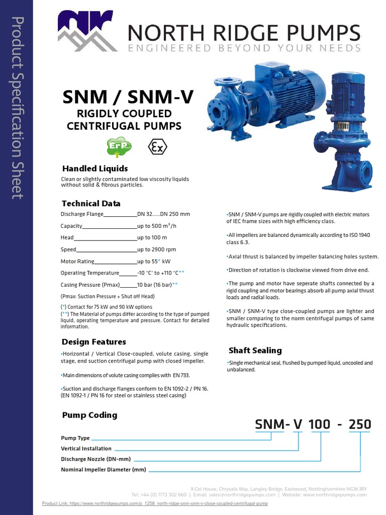 SNM/SNM-V Centrifugal Pump Specs | PDF | Pump | Classical Mechanics
