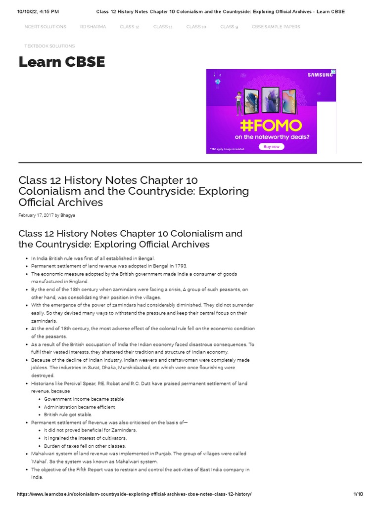 Class 12 History Notes Chapter 10 Colonialism and The Countryside ...