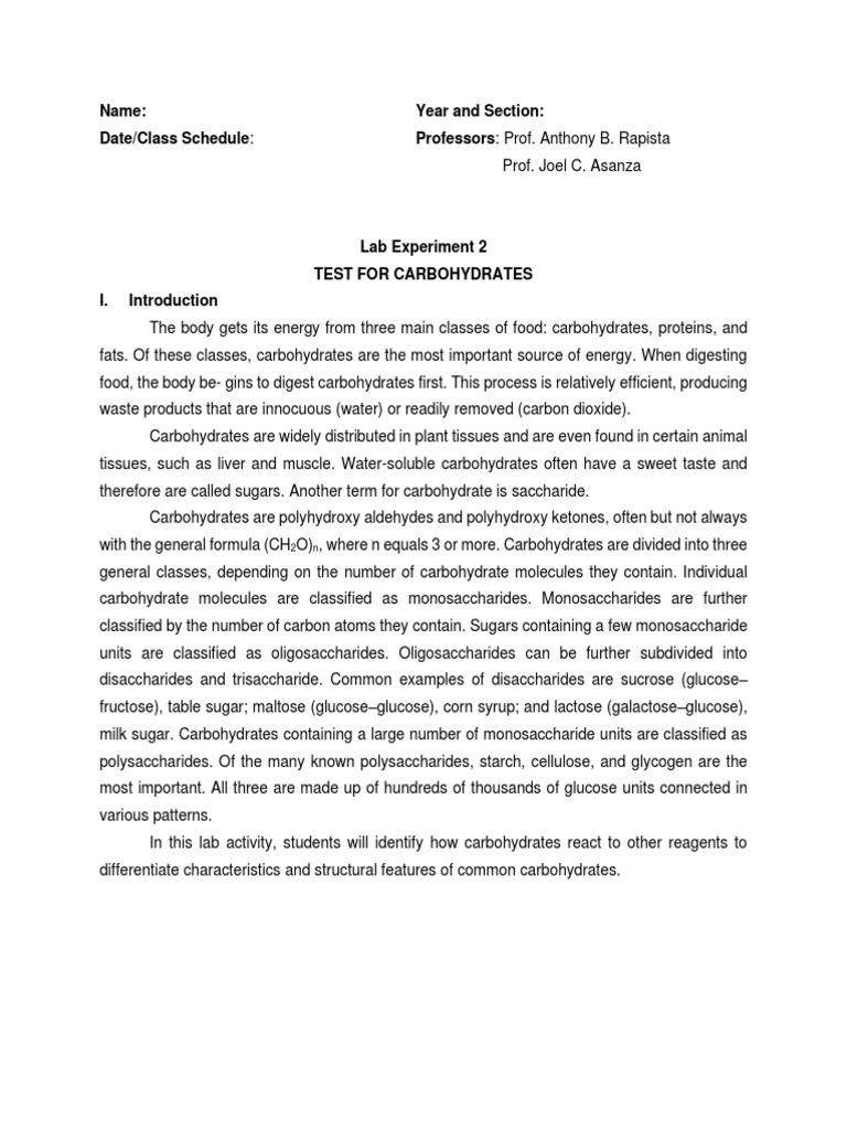 Pre Lab Experiment 3 Test For Carbohydrates | PDF | Carbohydrates ...