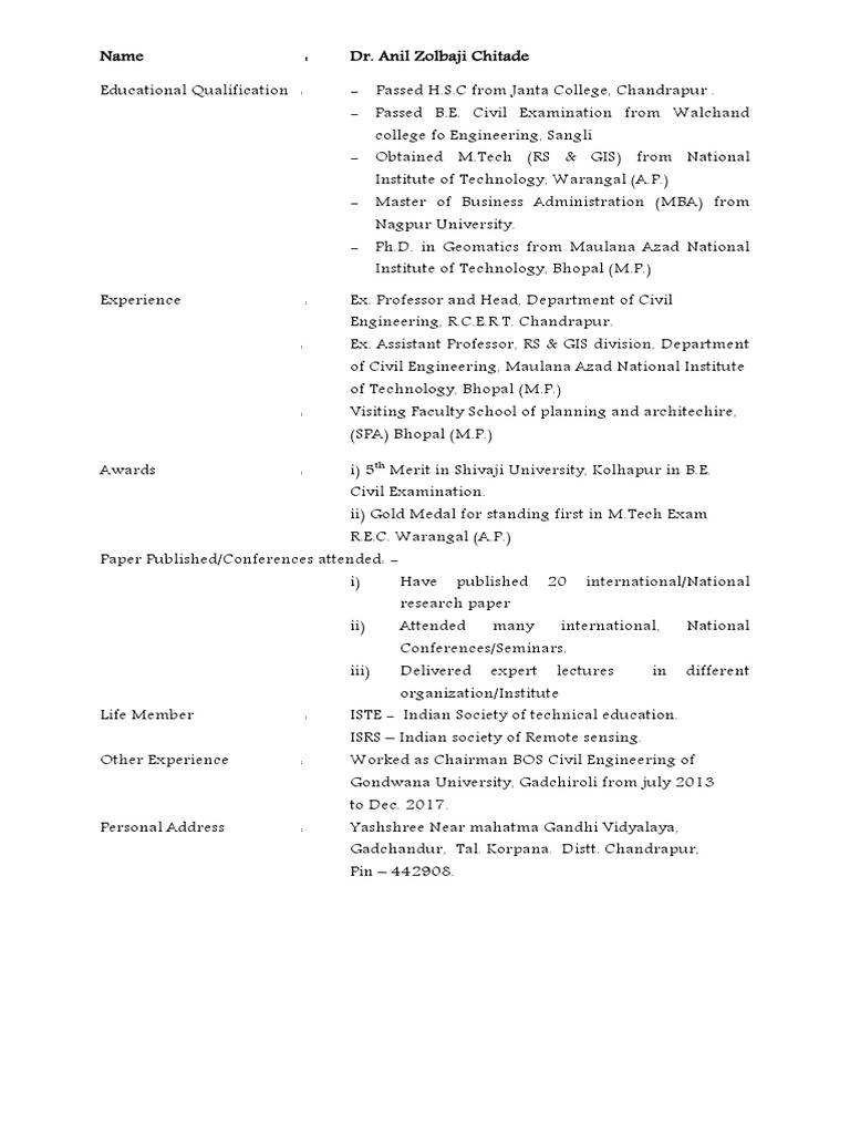 Dr. Anil Zolbaji Chitade: Academic and Professional Qualifications, Experience, Awards ...