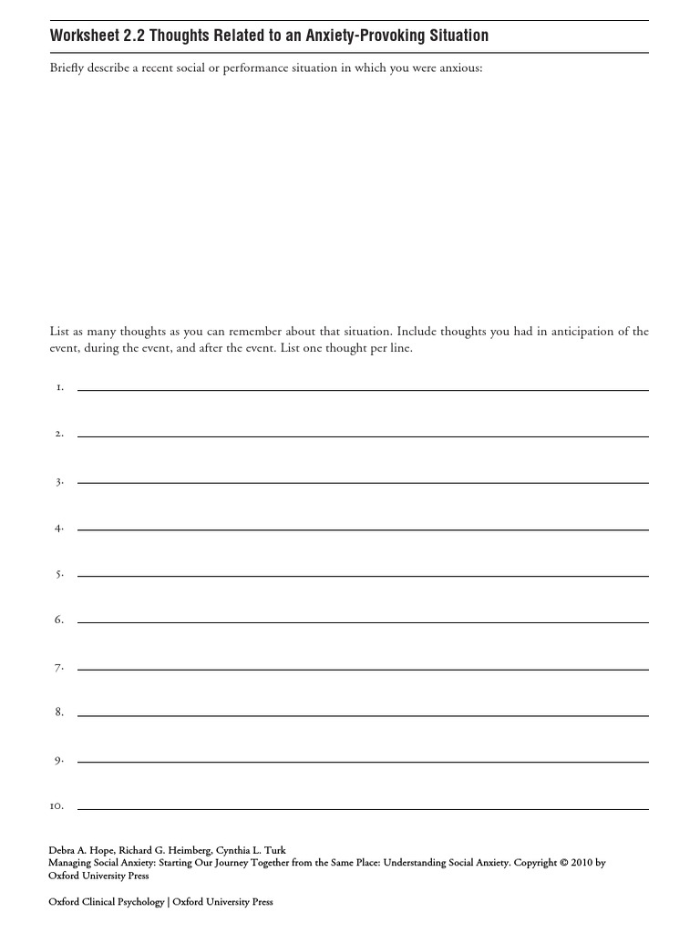 Worksheet 2.2 Thoughts Related To An Anxiety-Provoking Situation | PDF