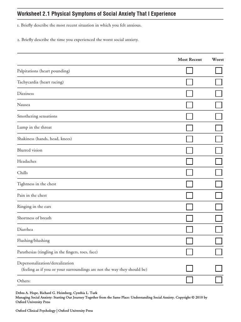 Worksheet 2.1 Physical Symptoms of Social Anxiety That I Experience ...