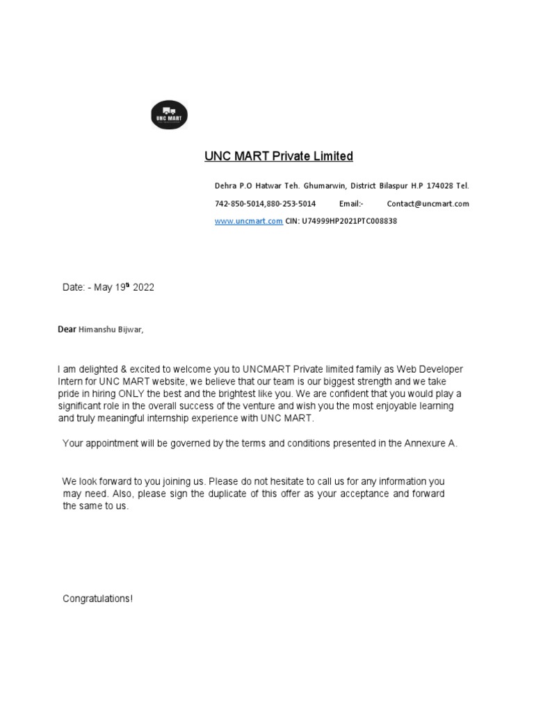 Offer Letter for Web Developer Intern Position at UNC MART Private ...