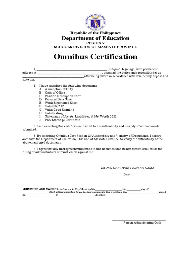 Omnibus-Sworn-Statement Masbate | PDF | Affidavit | Government