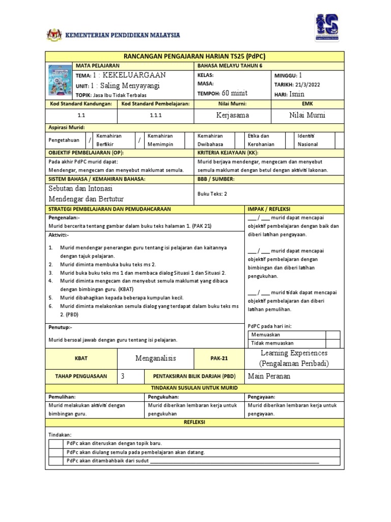 Contoh RPH BM THN 6 | PDF