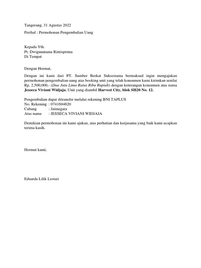 Surat Permohonan Refund | PDF