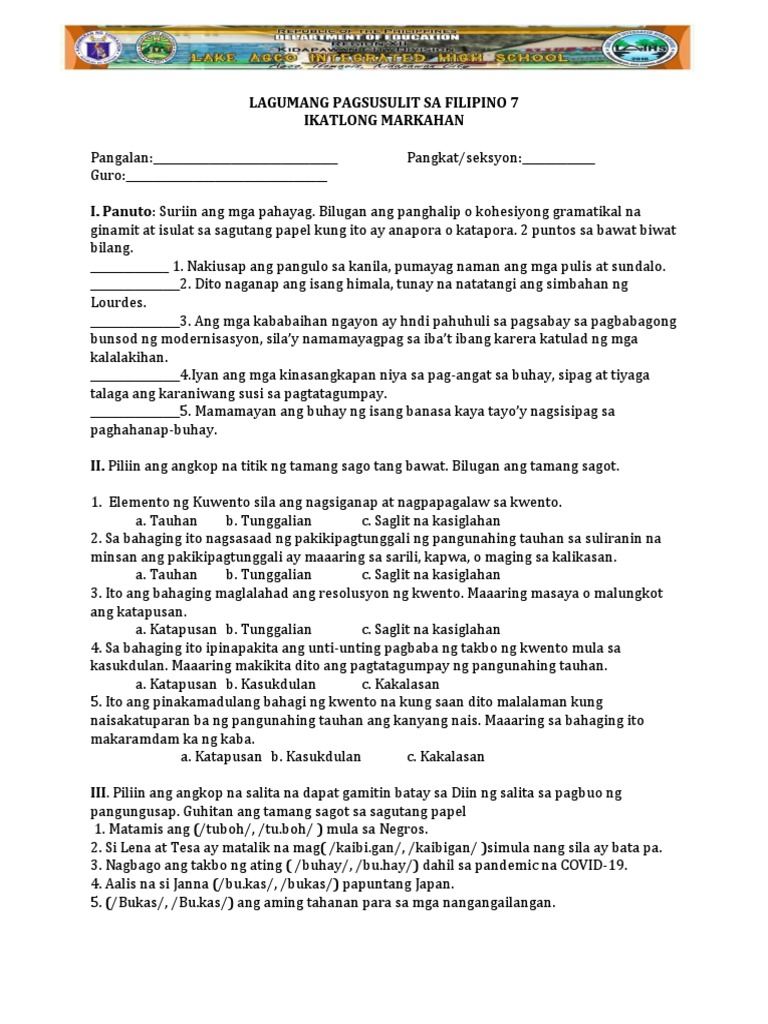 LAGUMANG PAGSUSULIT SA FILIPINO 7 | PDF