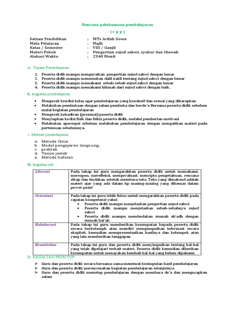 RPP Fikih Kelas 8 | PDF
