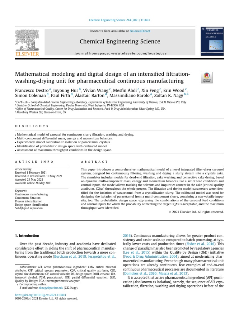 Mathematical Modeling And Digital Design Of An Intensified Filtration Washing Drying Unit For