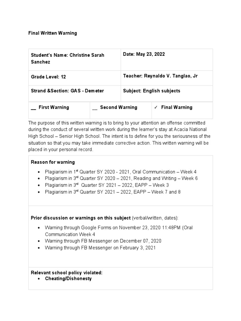 Discipline Written Warning SANCHEZ | PDF
