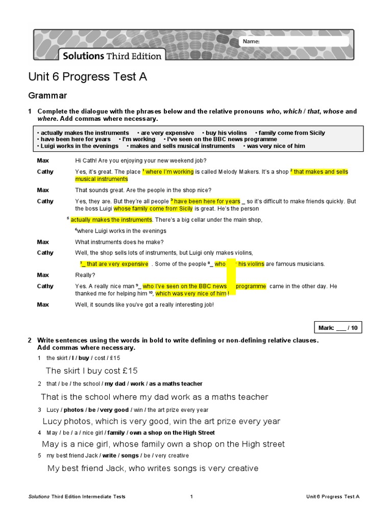 Unit 6 Progress Test A Answers | PDF | Linguistics