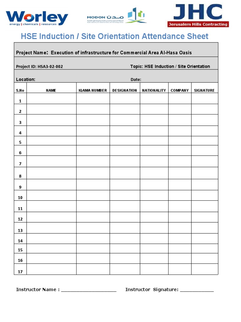 Induction Attendance Sheet | PDF
