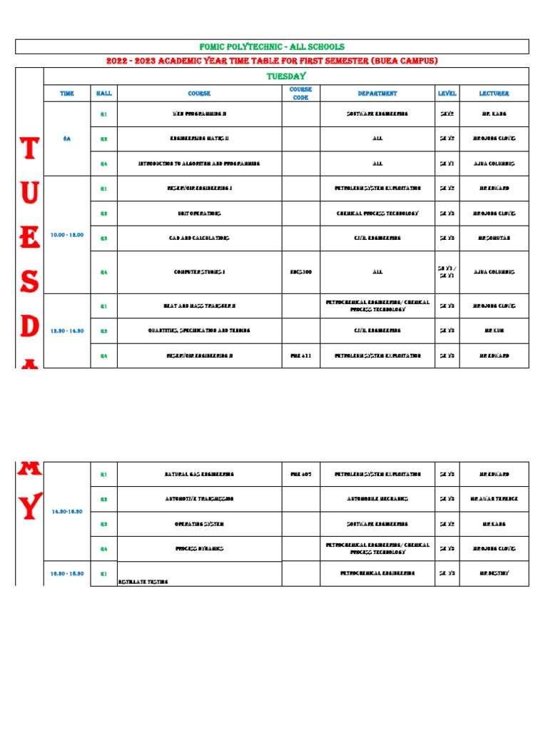 ALL ENGINEERING 1sem TIMETABLE BUEA | PDF | Engineering
