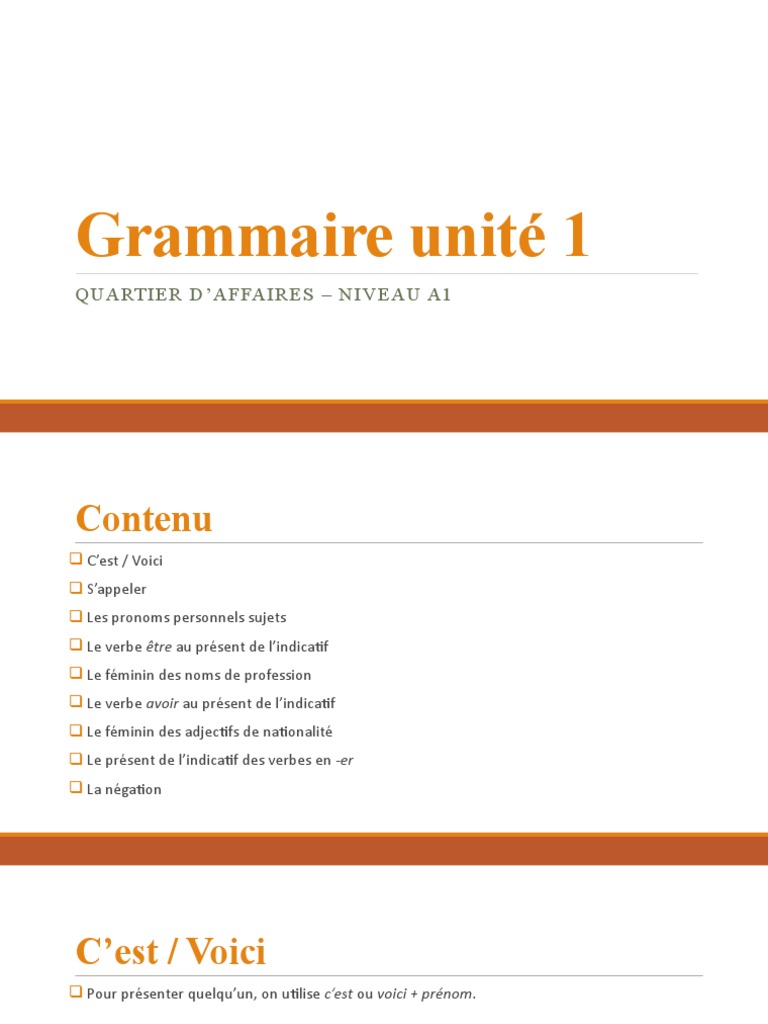 Grammaire A1: Unité 1 - Présent | PDF | Genre grammatical | Verbe
