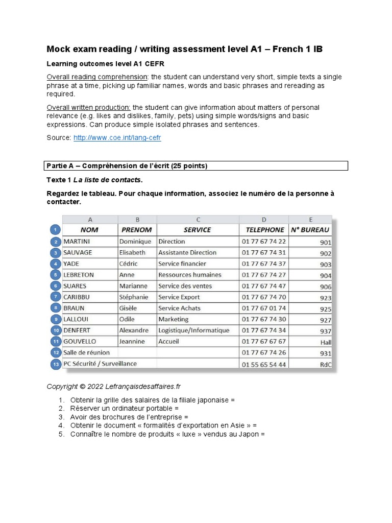 Mock Exam French 1 | PDF