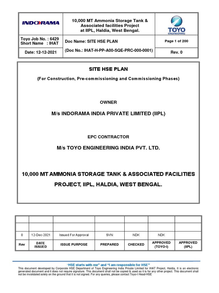 Site HSE Plan (TOYO) (R) | PDF | Occupational Safety And Health | Risk