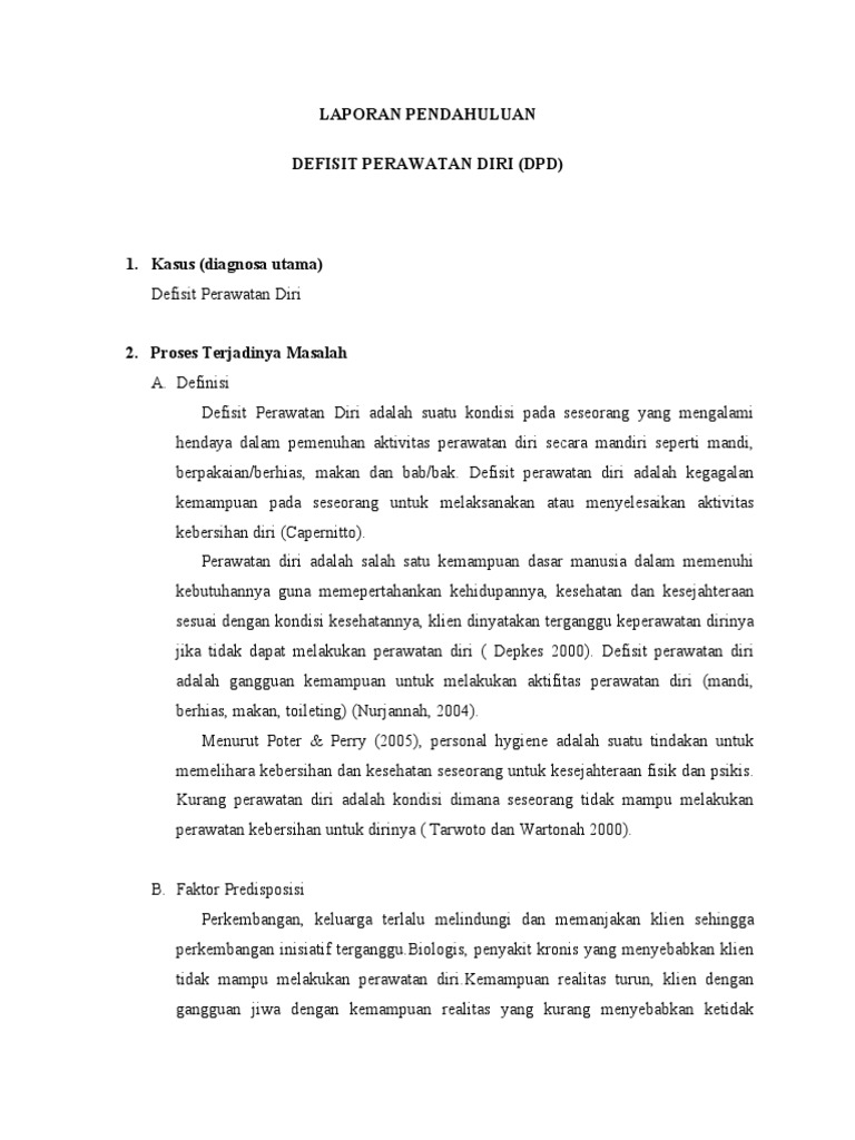 Laporan Pendahuluan Defisit Perawatan Diri | PDF
