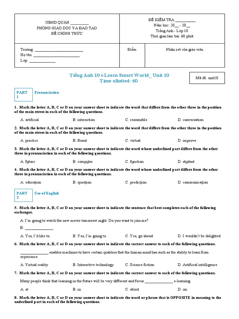 English Test for 10th Grade Students | PDF | Educational Technology ...